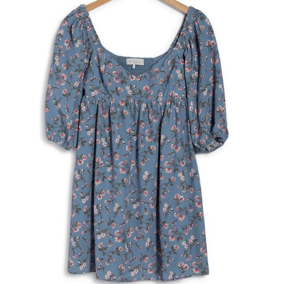 Wayf | Dresses | Wayf Dusty Blue Floral Puff Sleeve Babydoll Dress ...